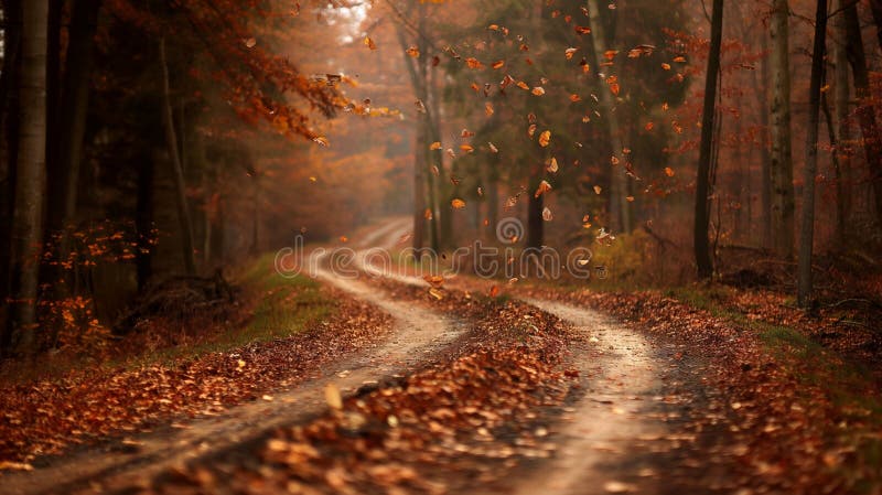 Rustic Country Road Winding through a Forest with Autumn Leaves Stock ...