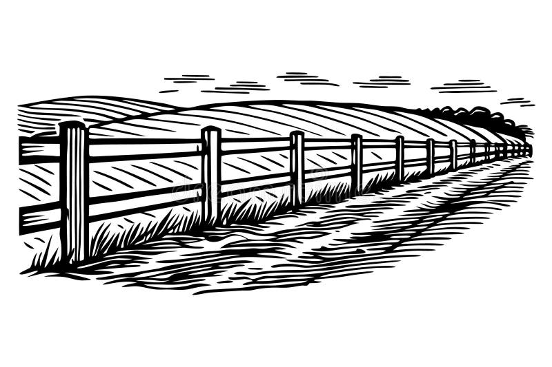 Rustic Countryside Fence and Rolling Fields, Black and White ...