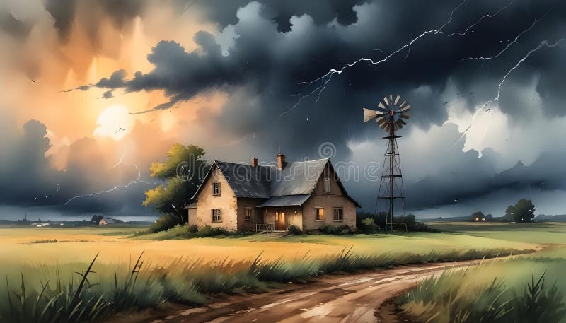 Rustic Countryside House with Windmill Under Stormy Sky Featuring Dark ...