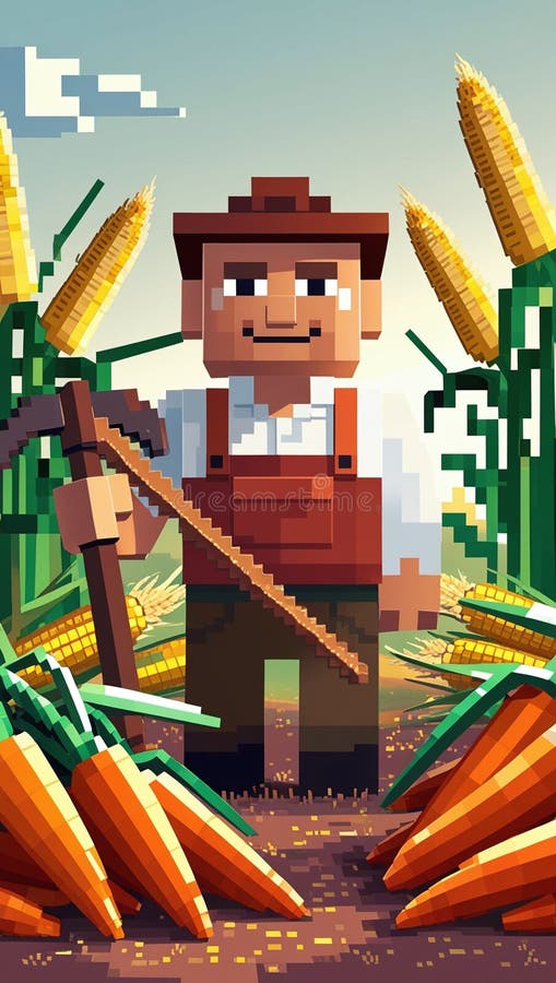 Rustic Countryside Scene Featuring Pixelated Farmer with Crops in a ...