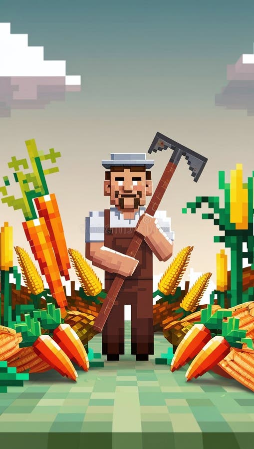Rustic Countryside Scene Featuring Pixelated Farmer with Crops in a ...