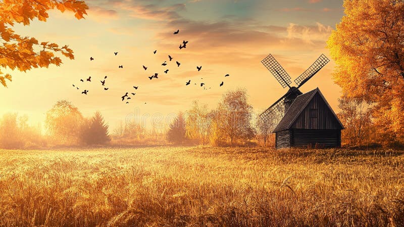A Rustic Countryside Scene with a Windmill and Golden Fields. Stock ...