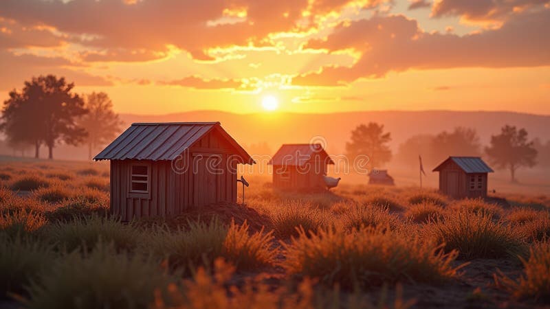 Rustic Countryside Sunrise with Wooden Sheds and Grassy Landscape Stock ...