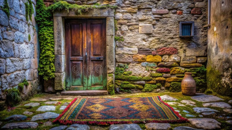 Rustic Courtyard Scene with Ancient Door, Stone Walls, Moss, and ...