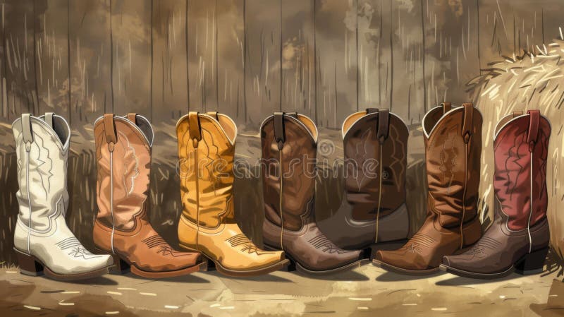 Rustic Cowboy Boots Lineup Against Wooden Background Stock Photo ...