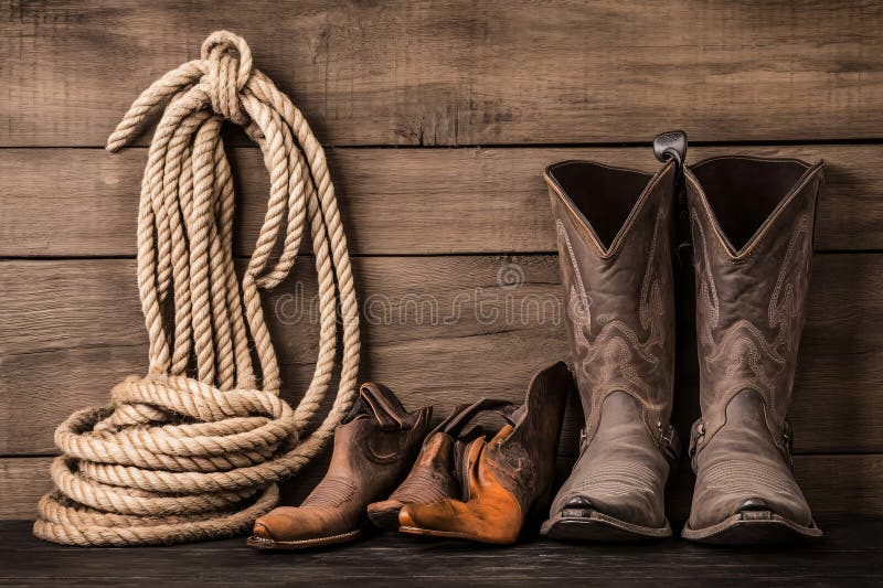 Rustic Cowboy Boots Rope Wooden Background Stock Illustration ...