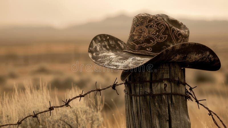 Rustic Cowboy Hat on a Fence Post at Sunset. Stock Photo - Image of ...