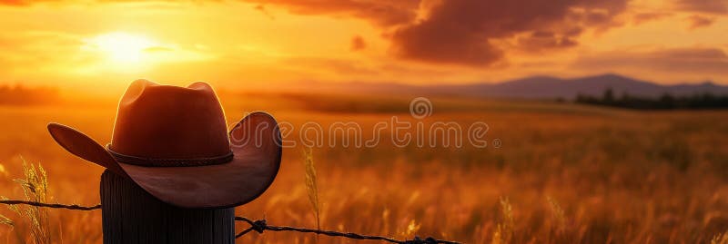 A Rustic Cowboy Hat is Placed Atop a Wooden Post As the Sun Sets ...