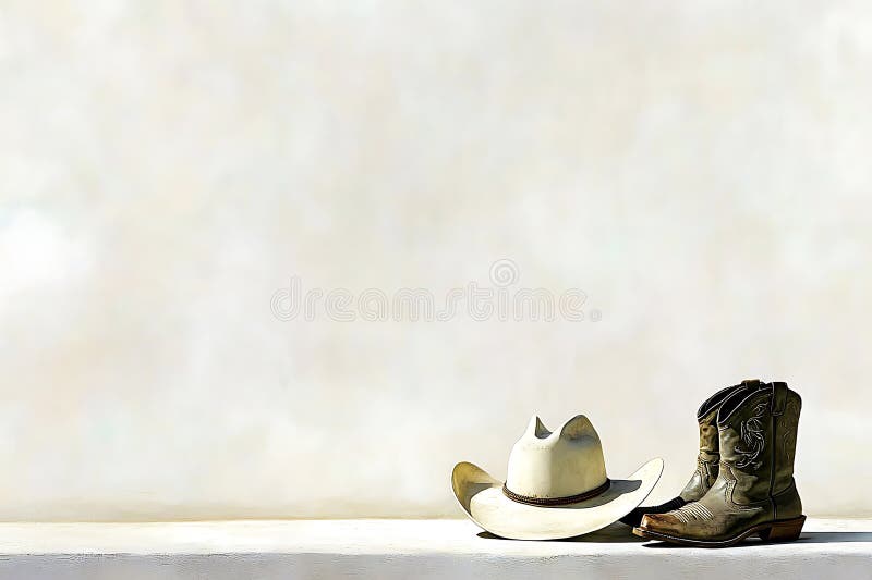 Rustic Cowboy Still Life: Hat and Boots Against a White Wall Stock ...