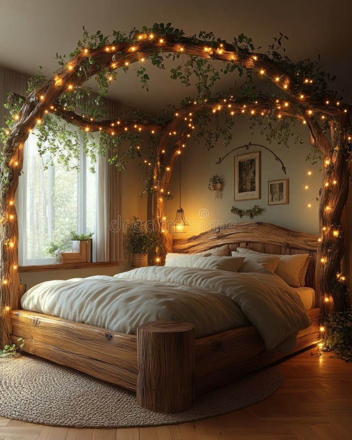 Enchanted Woodland Bedroom with Twinkling Fairy Lights Stock ...