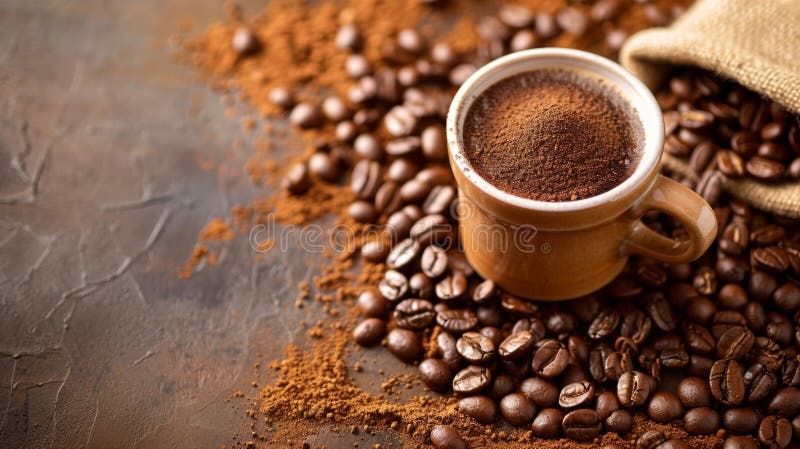 Rustic Coffee Scene with Beans and Ground Powder Stock Photo - Image of ...