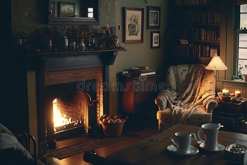 Rustic Cozy Living Room with Fireplace. Comfy Winter Cabin. Cottage in ...