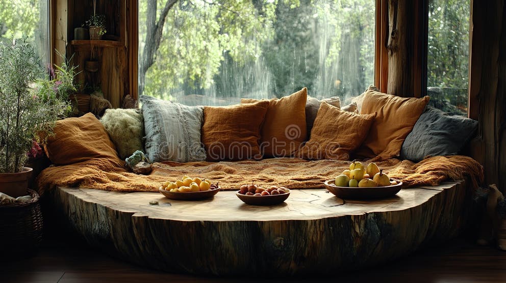 Rustic, Cozy Lounge with a Large Tree Stump Coffee Table Stock Photo ...