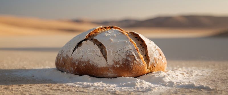 Rustic Cracked Bread Loaf Dusted with Flour on Desert Landscape ...