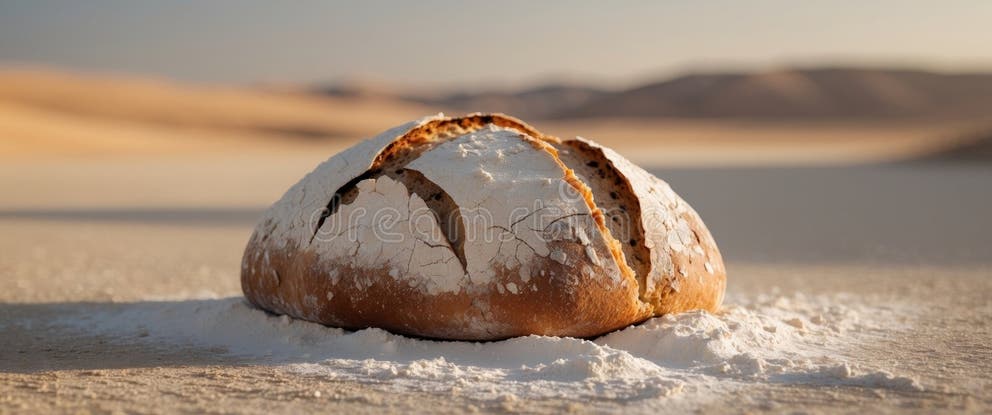 Rustic Cracked Bread Loaf Dusted with Flour on Desert Landscape Background Stock Image - Image ...