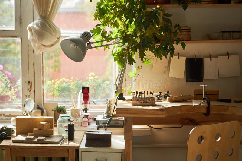 Rustic crafting workshop stock photo. Image of window - 262817106