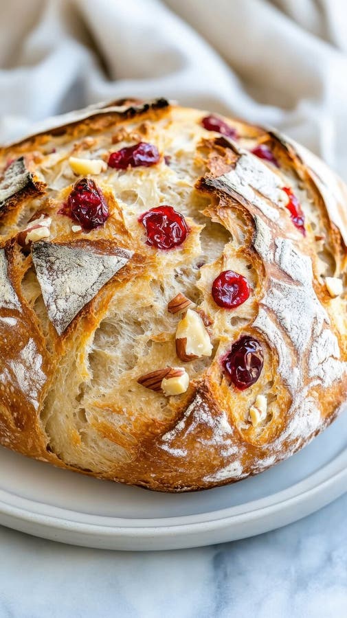 Rustic Cranberry Walnut Artisan Bread on White Plate with Crisp Golden ...