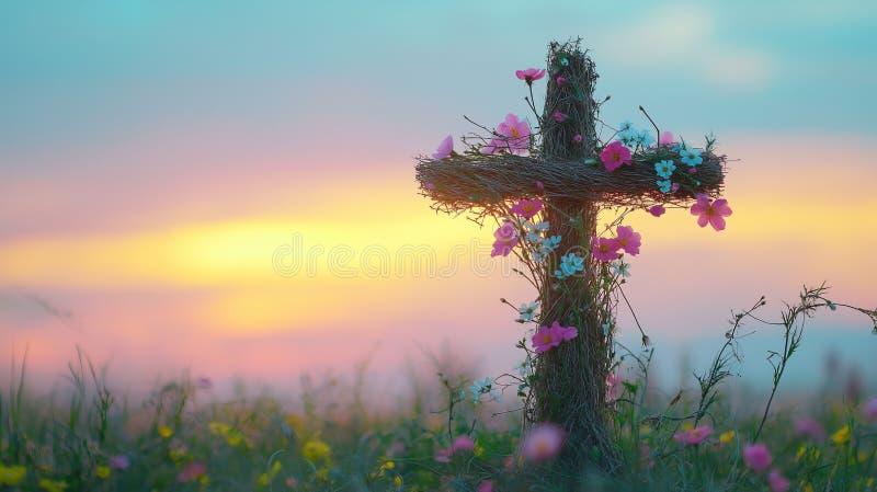 Rustic Cross Adorned with Flowers at Sunset in a Serene Meadow Stock ...