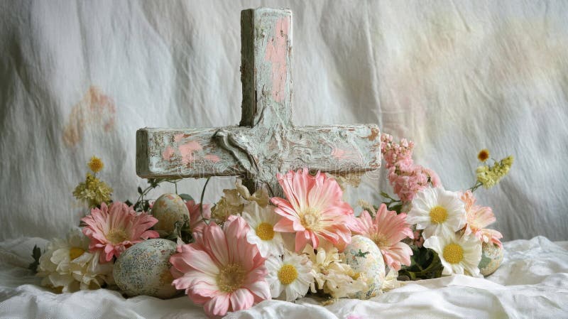 Rustic Cross with Pastel Spring Flowers and Eggs Stock Illustration ...