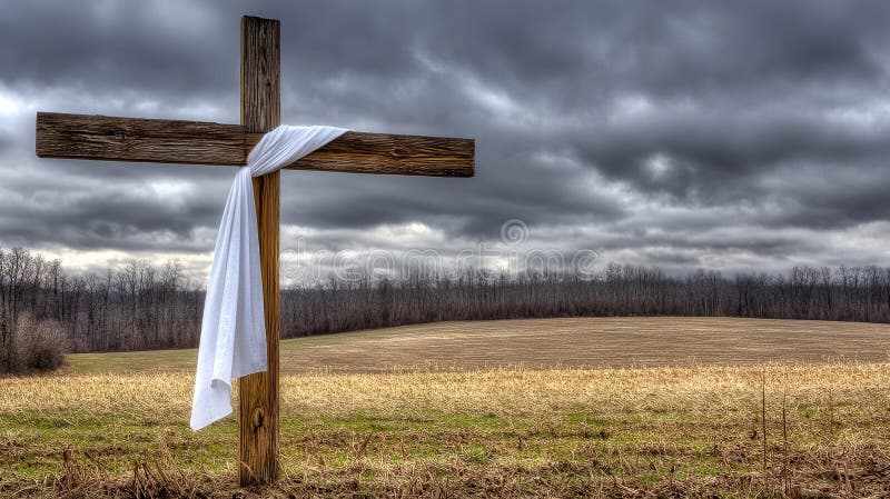 Rustic Cross, White Cloth, Field, Stormy Sky, Easter Stock Photo ...
