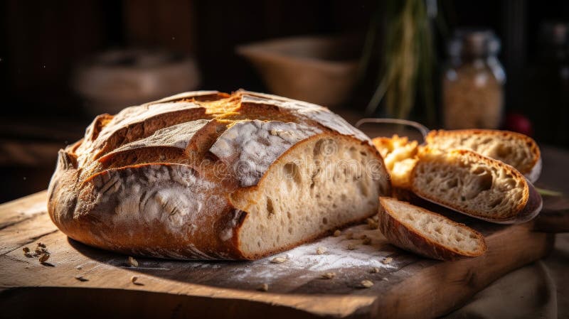Rustic Crusty Sourdough Bread with Warm, Soft Crumb on Kitchen Table ...