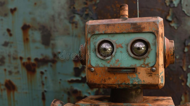Rustic Cube Robot with Wide Eyes Stock Photo - Image of craft ...
