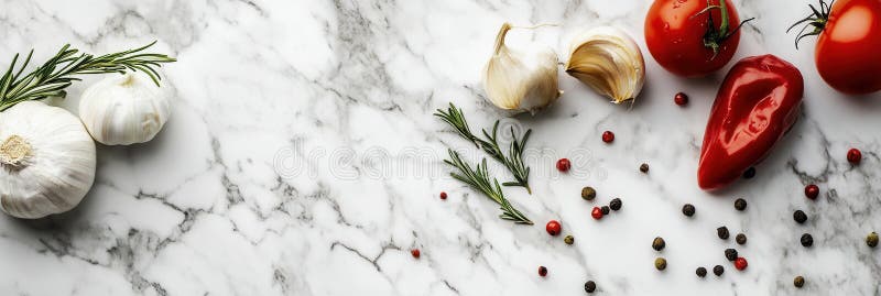Rustic Culinary Background Featuring Garlic, Tomatoes, and Herbs on ...