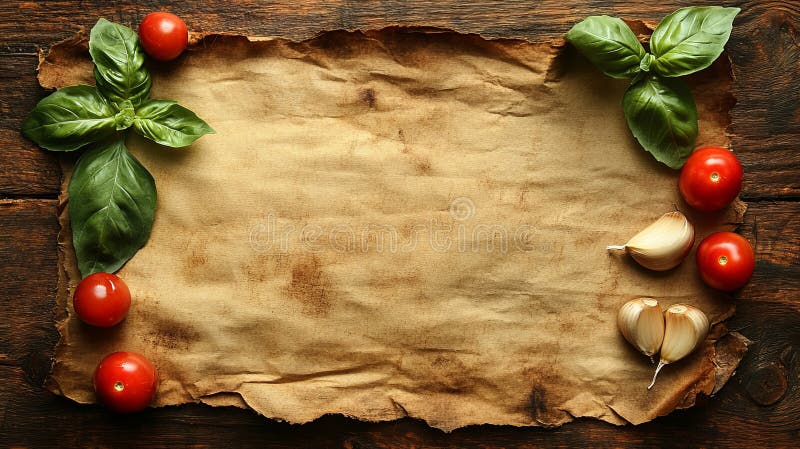 Rustic Culinary Background Fresh Tomatoes, Garlic, and Basil on Aged ...