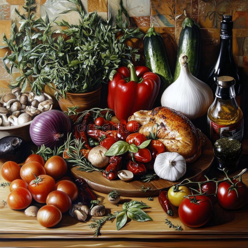 Rustic Culinary Scene with Fresh Vegetables, Roasted Chicken, and Herbs ...