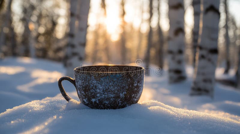 Rustic Cup on Snow in Winter Forest at Sunset, Cozy Outdoor Scene Stock ...