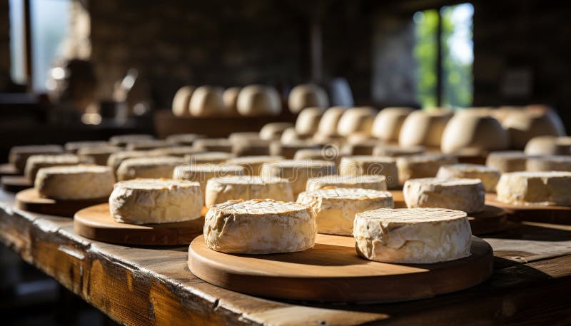 Rustic Dairy Farm Stores Gourmet Cheese Wheels in a Row Generated by AI ...