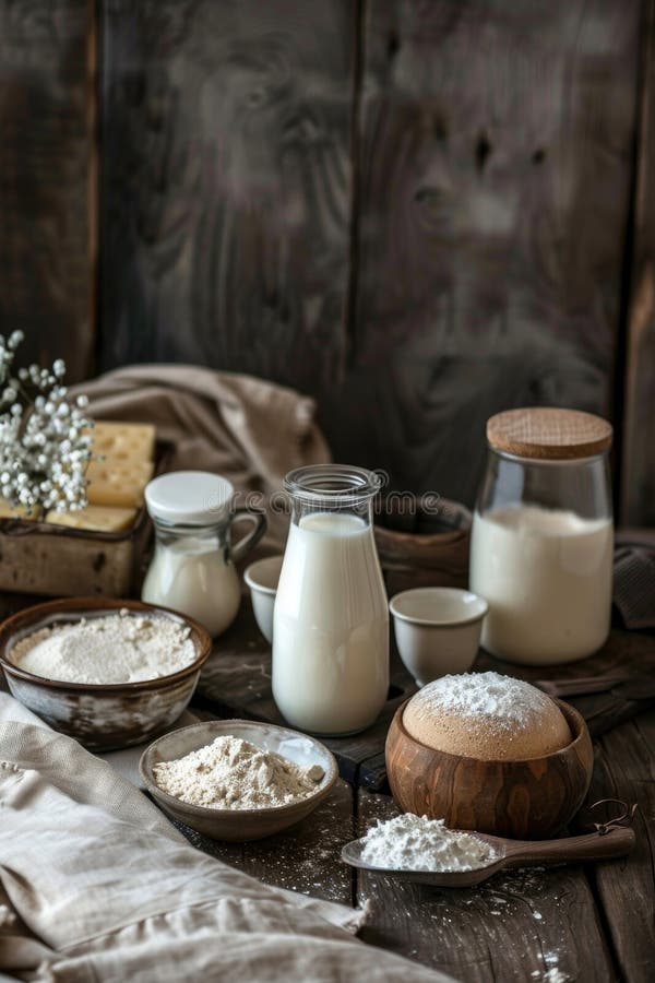Rustic Dairy and Flour Display on Wooden Tabletop with Natural Decor ...