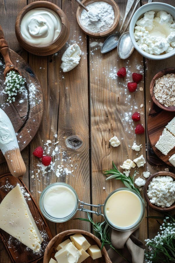 Rustic Dairy and Flour Display on Wooden Tabletop with Natural Decor ...