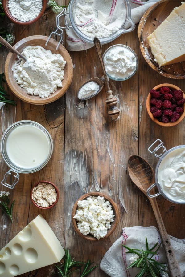Rustic Dairy and Flour Display on Wooden Tabletop with Natural Decor ...