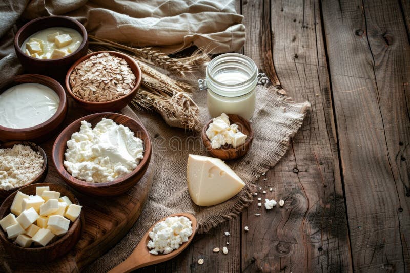 Rustic Dairy and Flour Display on Wooden Tabletop with Natural Decor ...