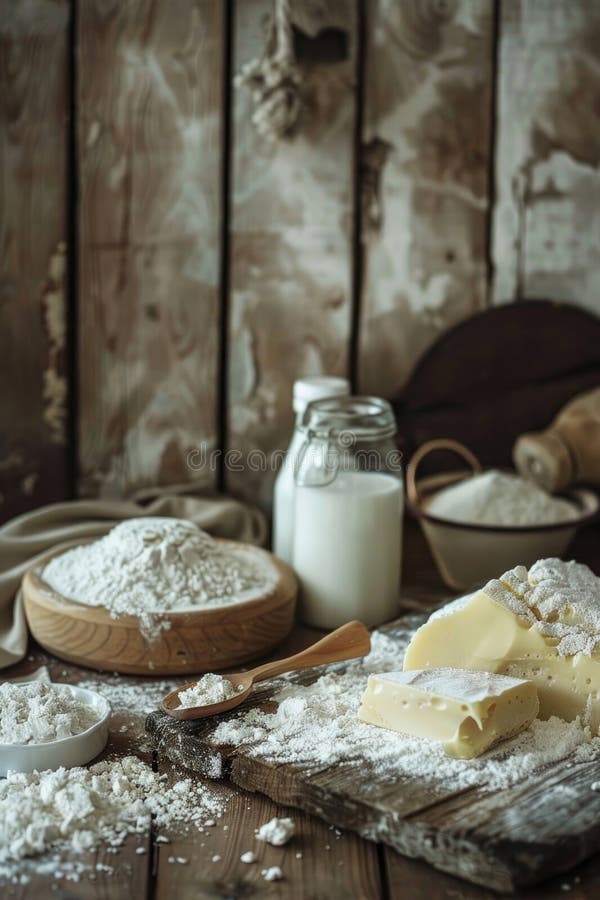 Rustic Dairy and Flour Display on Wooden Tabletop with Natural Decor ...
