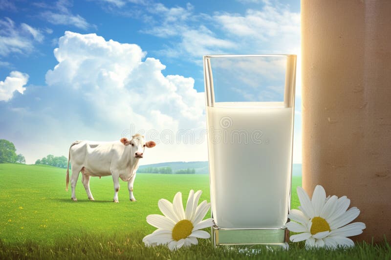 Rustic Dairy Scene Fresh Milk in a Glass, Meadow, and Cow Stock ...