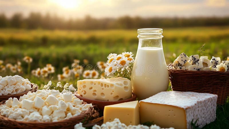 Rustic Dairy Spread in Sunlit Countryside with Cheese and Milk Stock ...