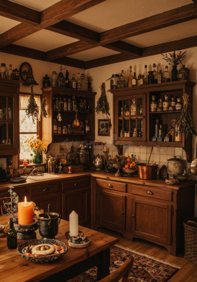 Rustic Dark Wood Apothecary Kitchen Interior Stock Illustration ...