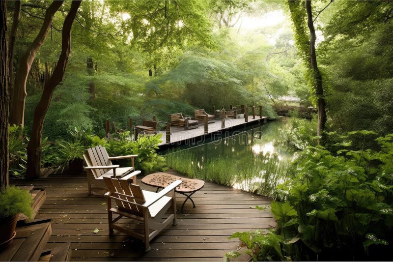 Rustic Deck Surrounded by Lush Greenery and Tranquil Waters Stock ...