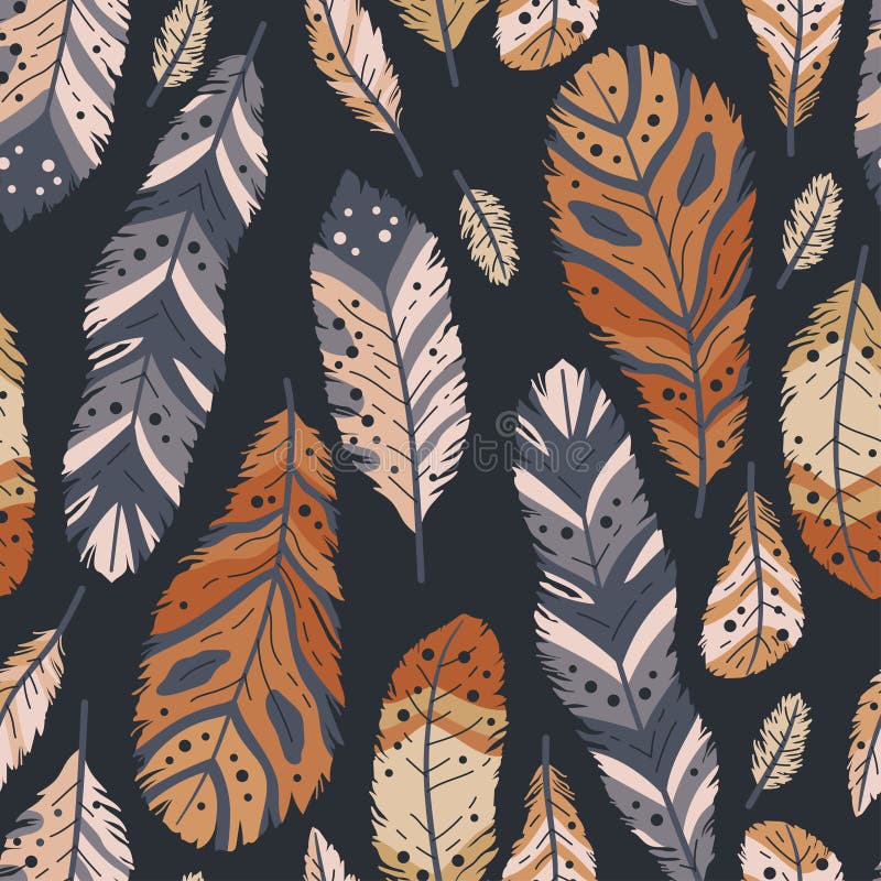 Rustic Decorative Tribal Feathers. Seamless Pattern of Animals Feathers ...