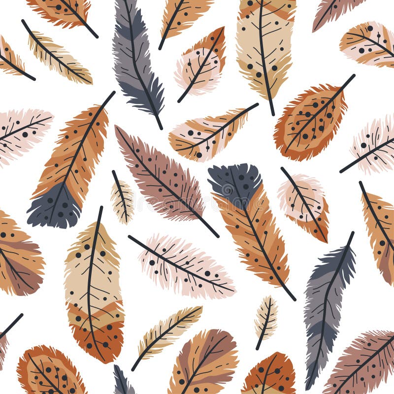 Rustic Decorative Tribal Feathers. Seamless Pattern of Animals Feathers ...