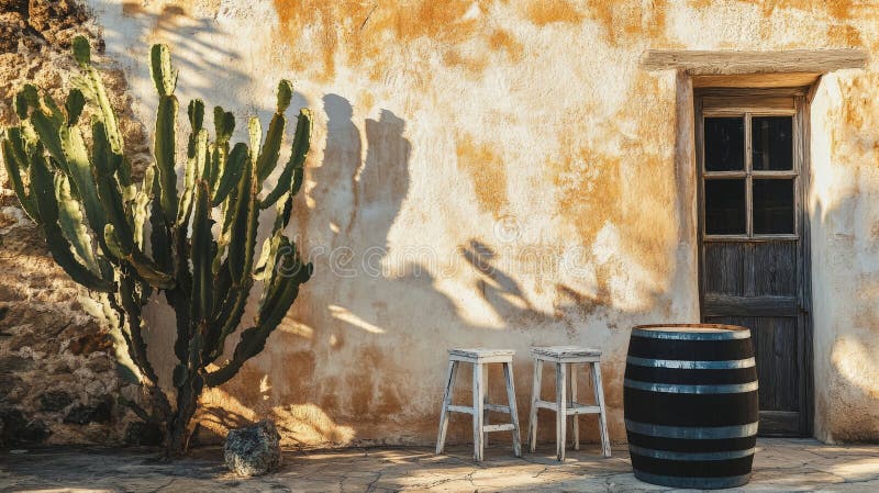 Rustic Desert Patio with Cactus and Barrel Against Textured Wall Stock ...