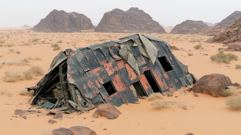 Rustic Desert Shack Amidst Rocky Terrain with Sparse Vegetation Stock ...