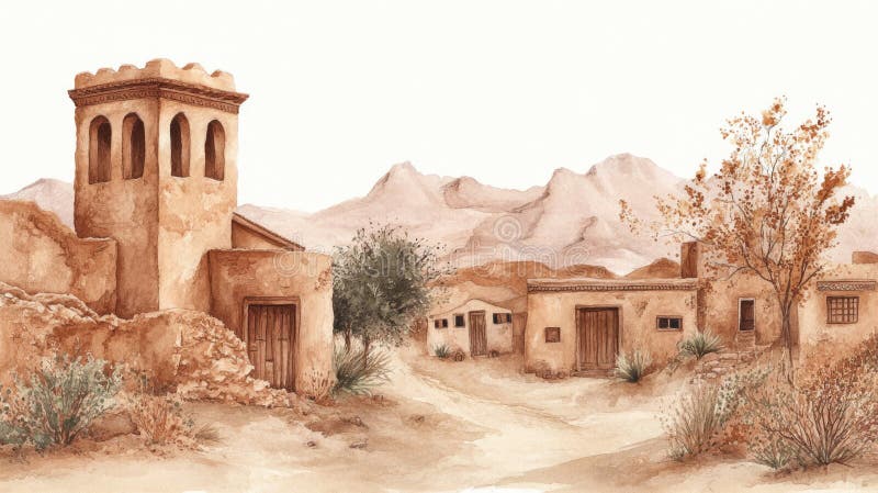 Rustic Desert Village with Adobe Structures and Distant Mountains in ...