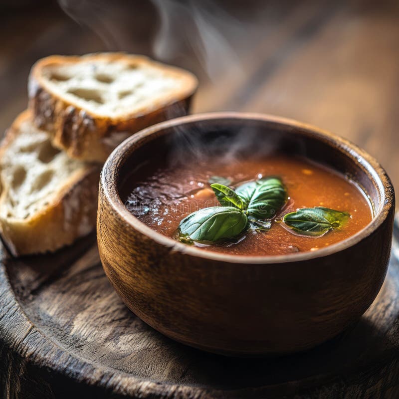 Rustic Dining Experience with Steaming Soup in Wooden Bowl with Bread ...