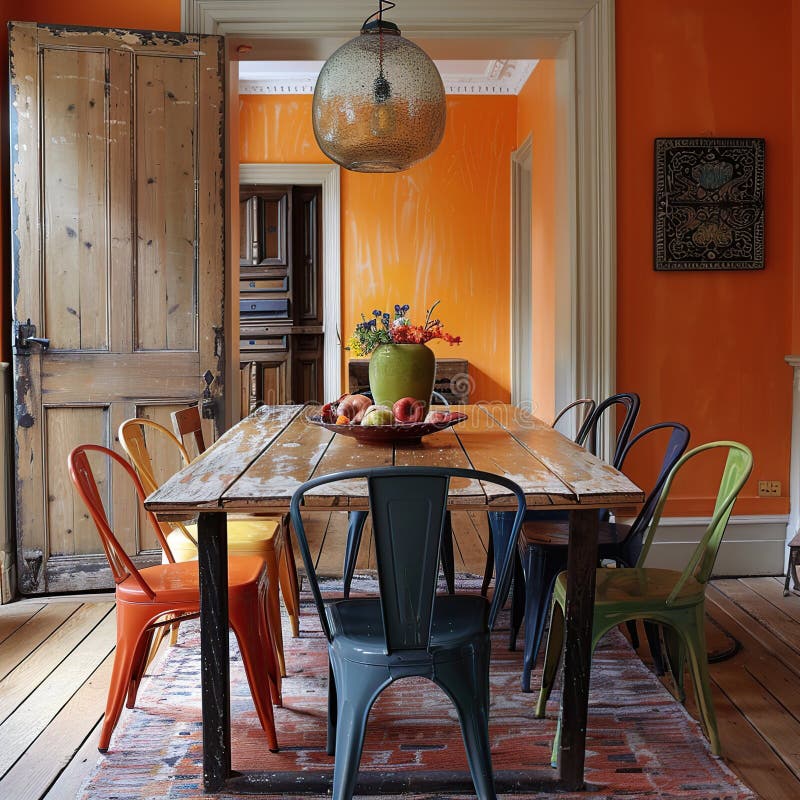 Rustic Dining Room with Colorful Metal Chairs and Reclaimed Wood Table ...