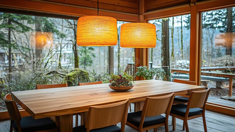 Rustic Dining Room with Large Windows Showcasing a Forest View Stock ...