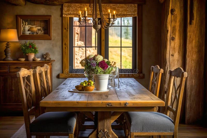 A Rustic Dining Room with a Wooden Table and Matching Chairs ...
