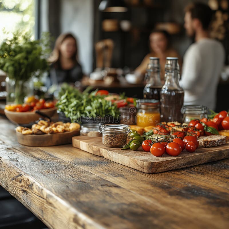 Rustic Dining Scene with Fresh Vegetables and Casual Gathering in Cozy ...
